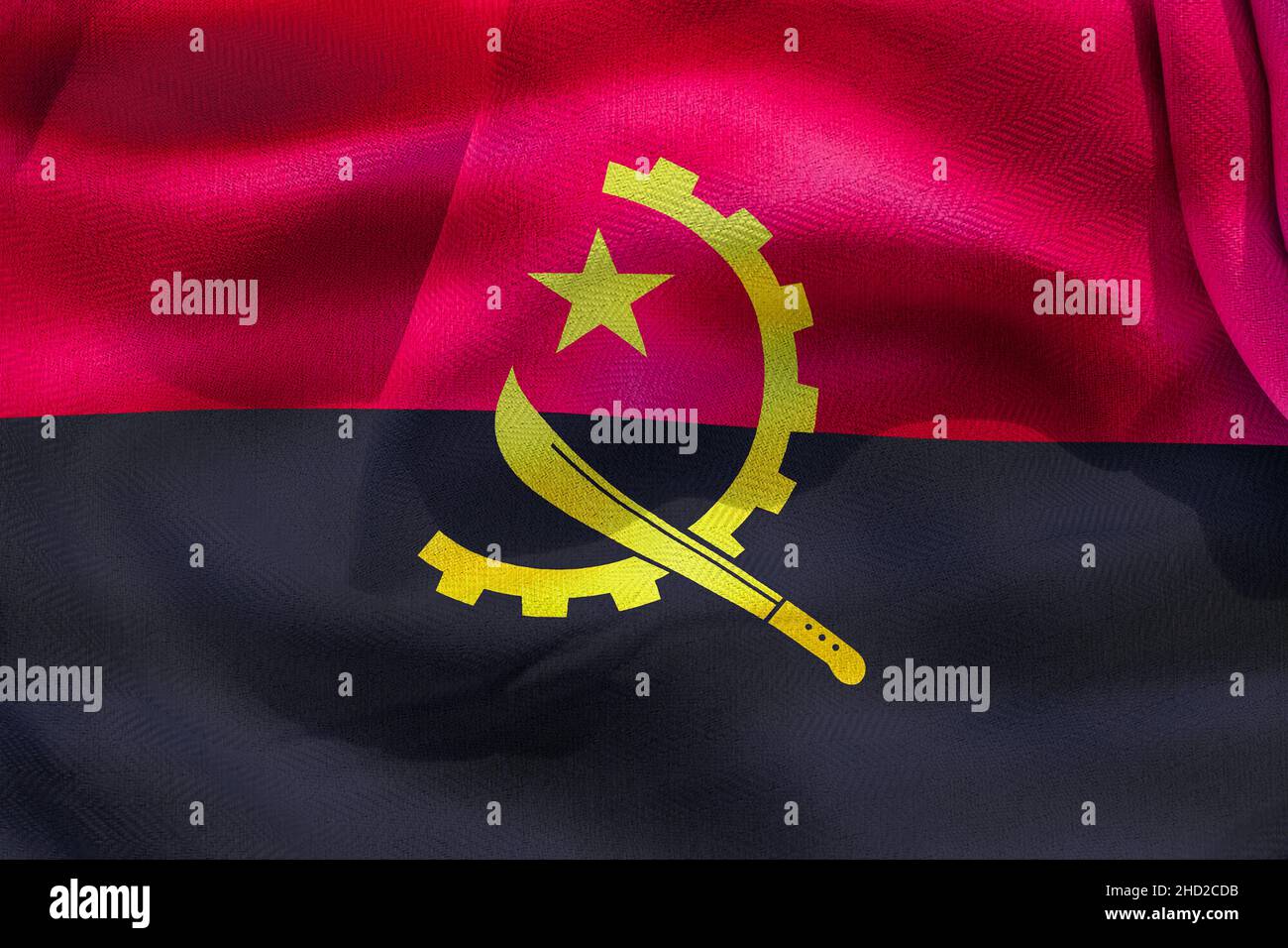 A 3D illustration of the realistic waving fabric flag of Angola ...