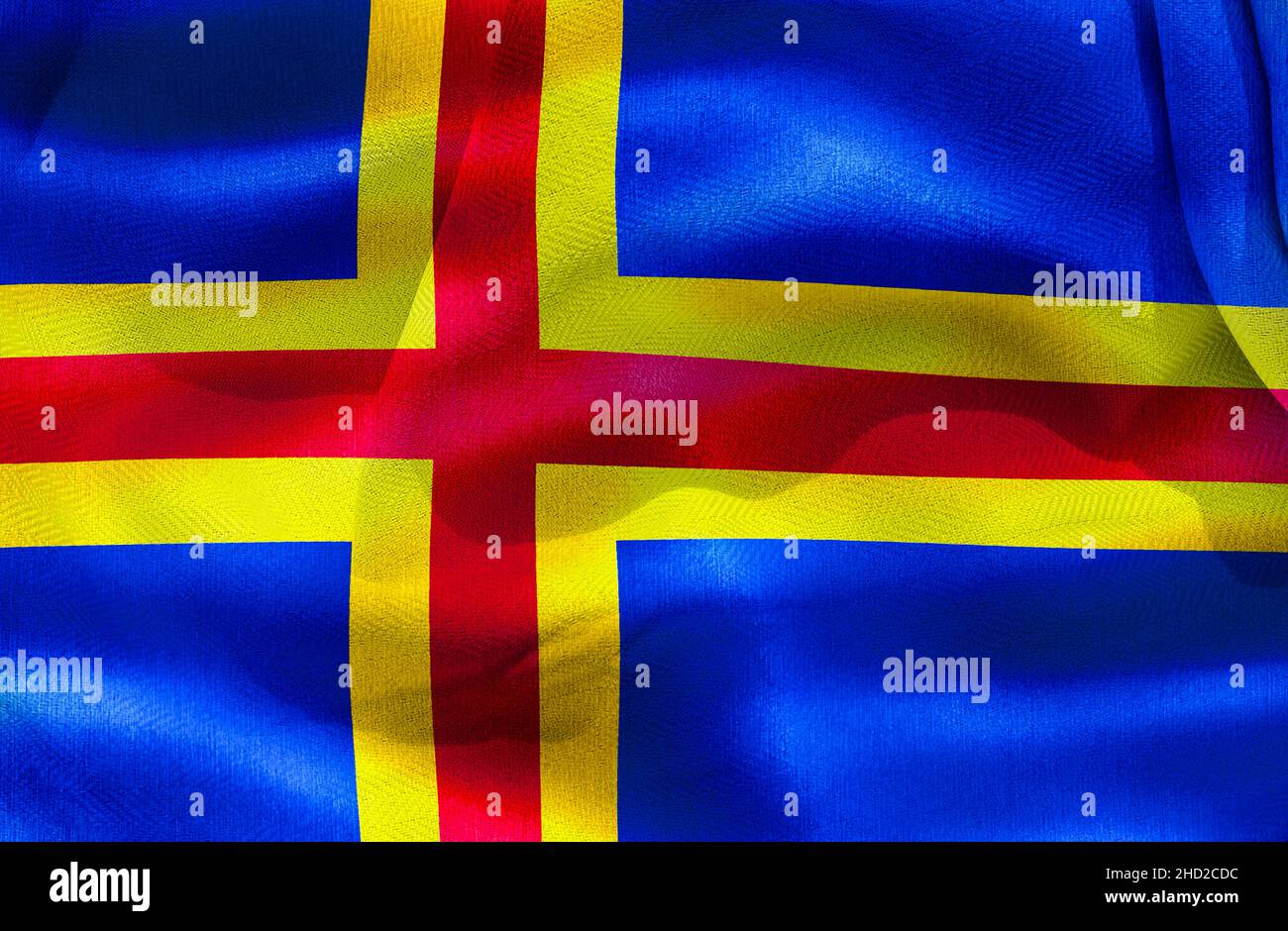 A 3D illustration of the realistic waving fabric flag of Aland Islands ...