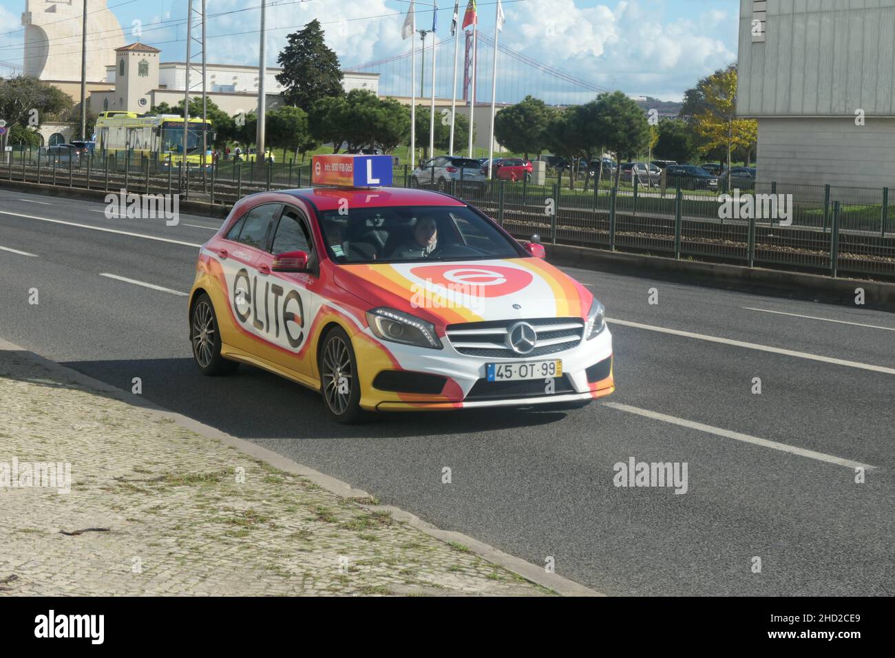 Learner driver training in a learner car in Lisbon capital of Portugal ...