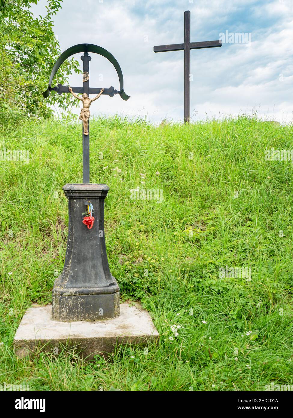 Wooden cross and a memorial at the site of the execution site. A place ...