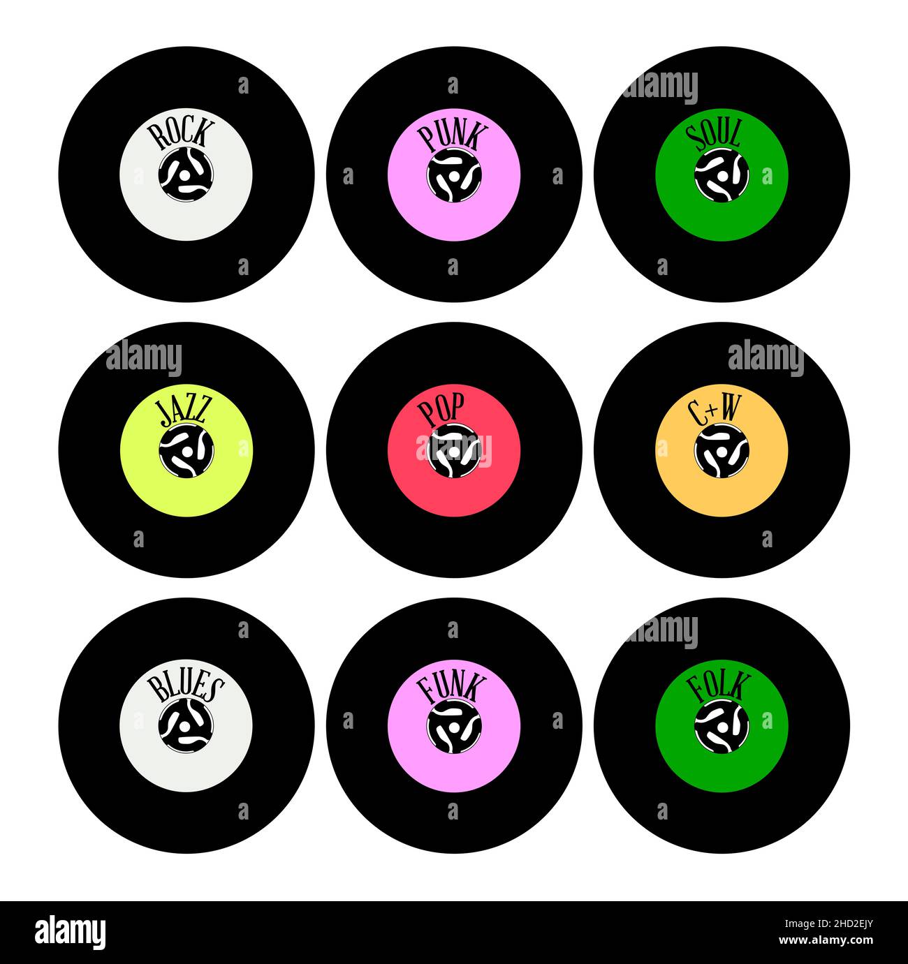 A collection of 45 rpm records with genre labels over a white ...