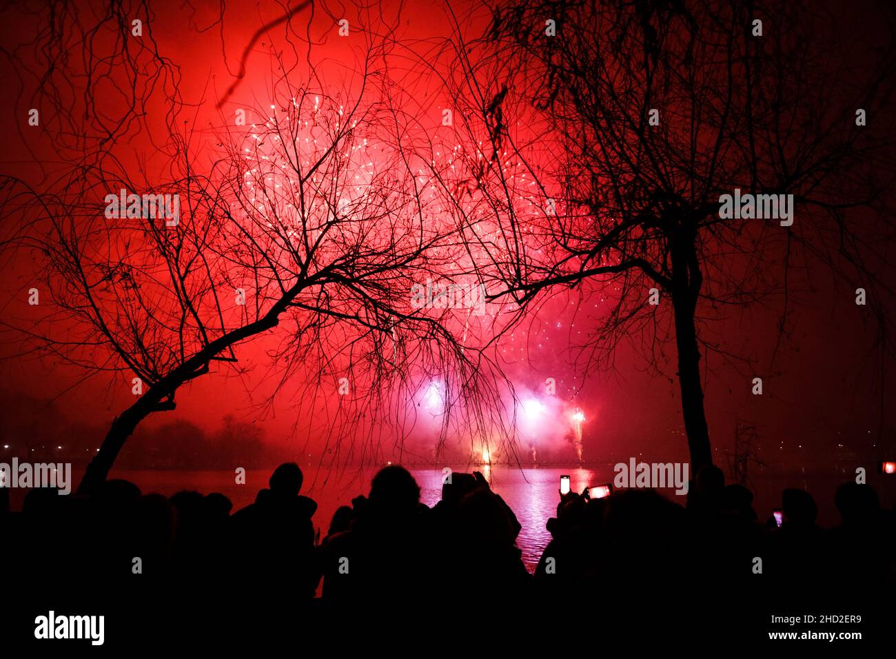 Bucharest, Romania - January 1, 2022: People watch fireworks during New ...