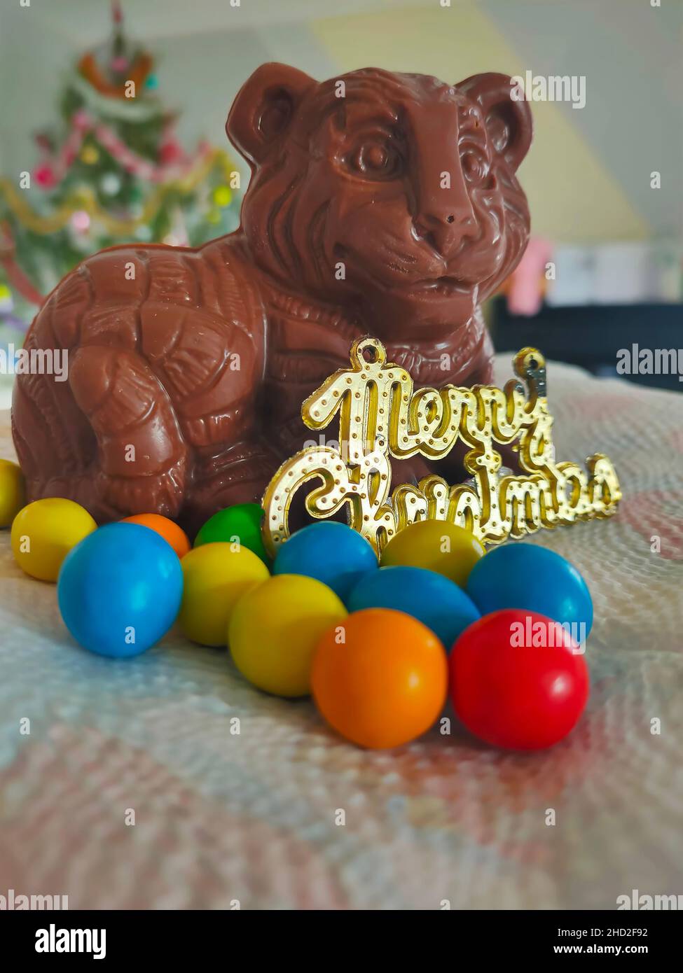 Cute chocolate gift tiger cub with sweet balls for a holiday with a ...