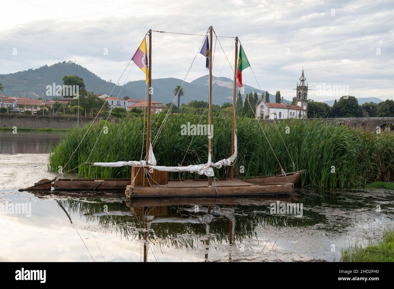 Replica of a historical monoxyl canoe on the Lima River along the ...