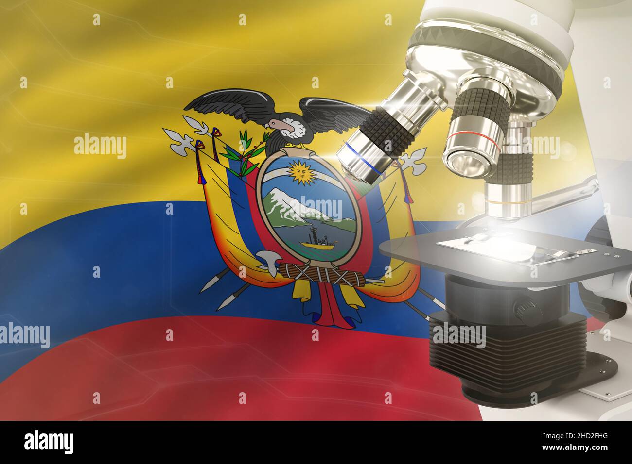 Ecuador science development concept - microscope on flag background ...