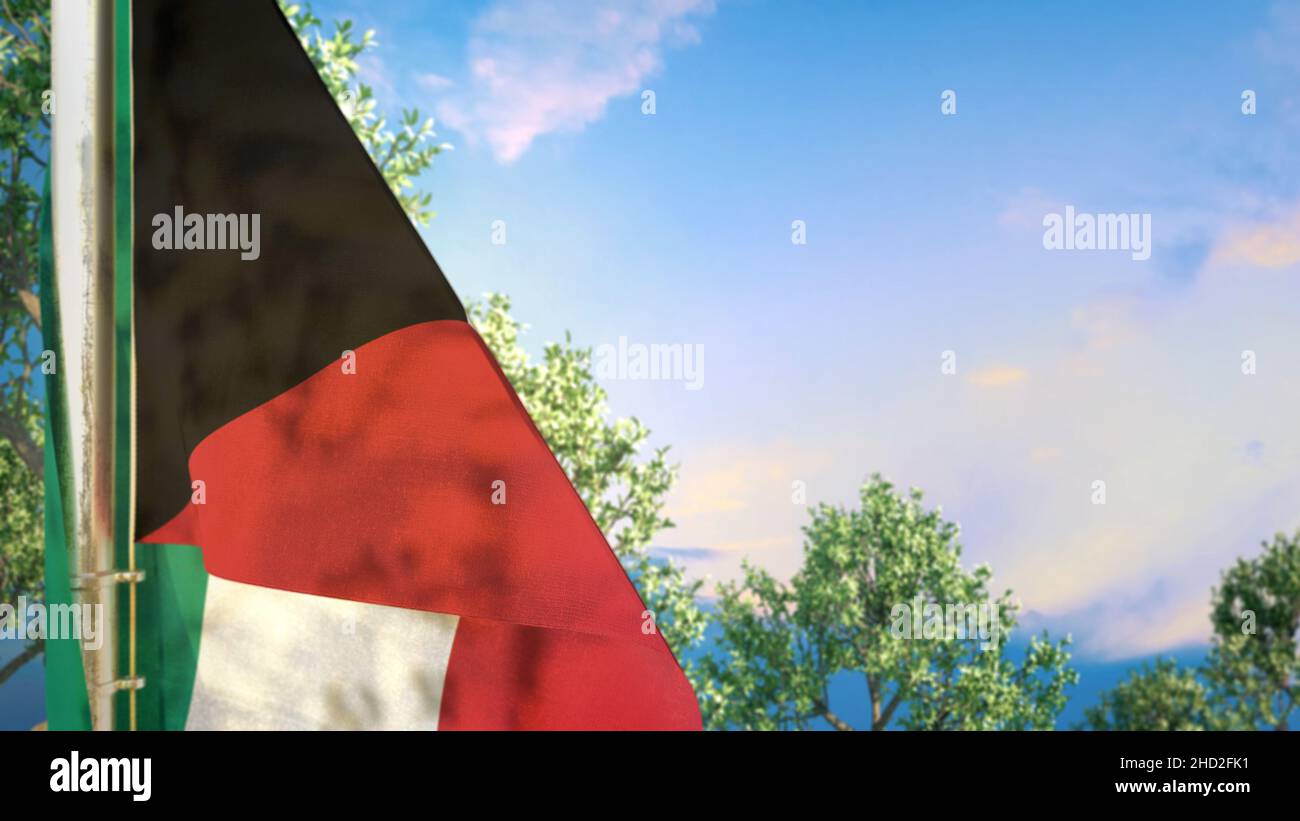 Kuwait hanging flag with trees and sky for independence day - object 3D ...