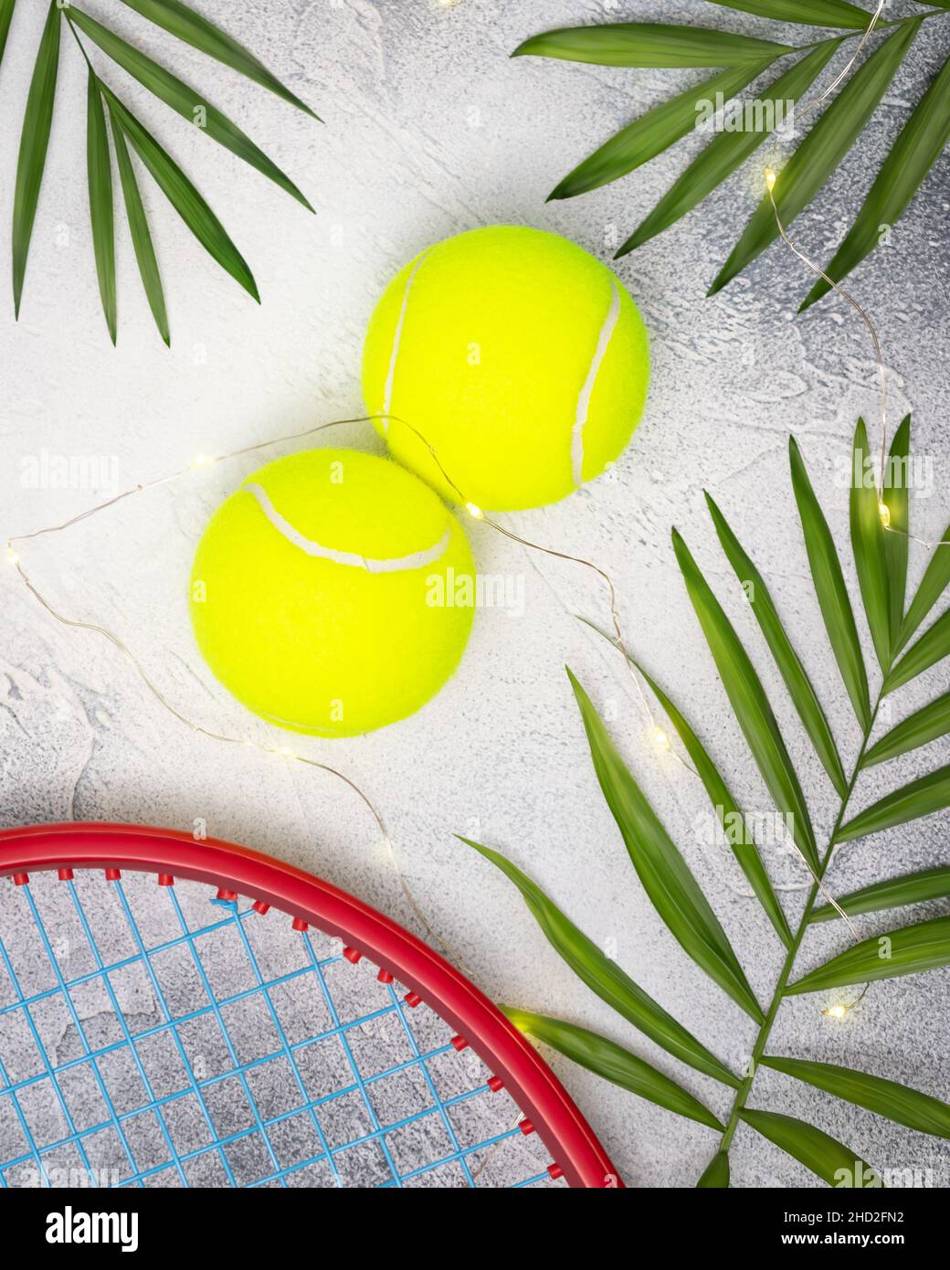 Tennis. Sport composition with tennis balls with a racket and palm ...