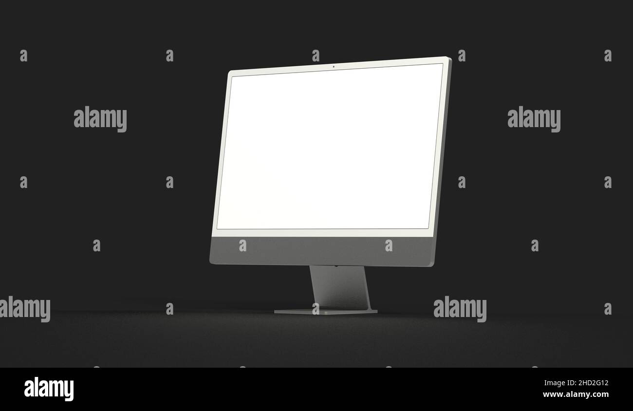 A 3d rendering of a computer display mock-up with a blank white screen ...