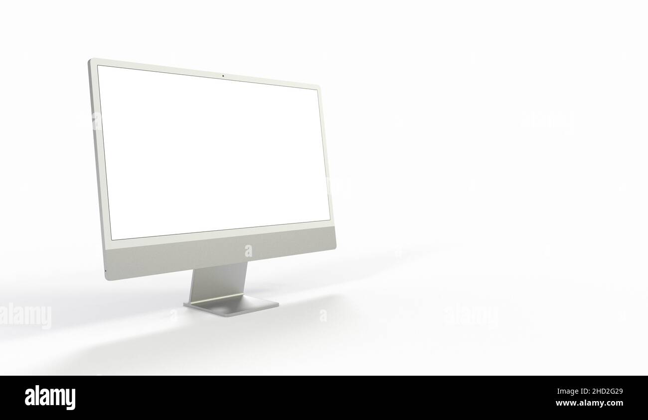 A 3d rendering of a computer display mock-up with a blank white screen ...