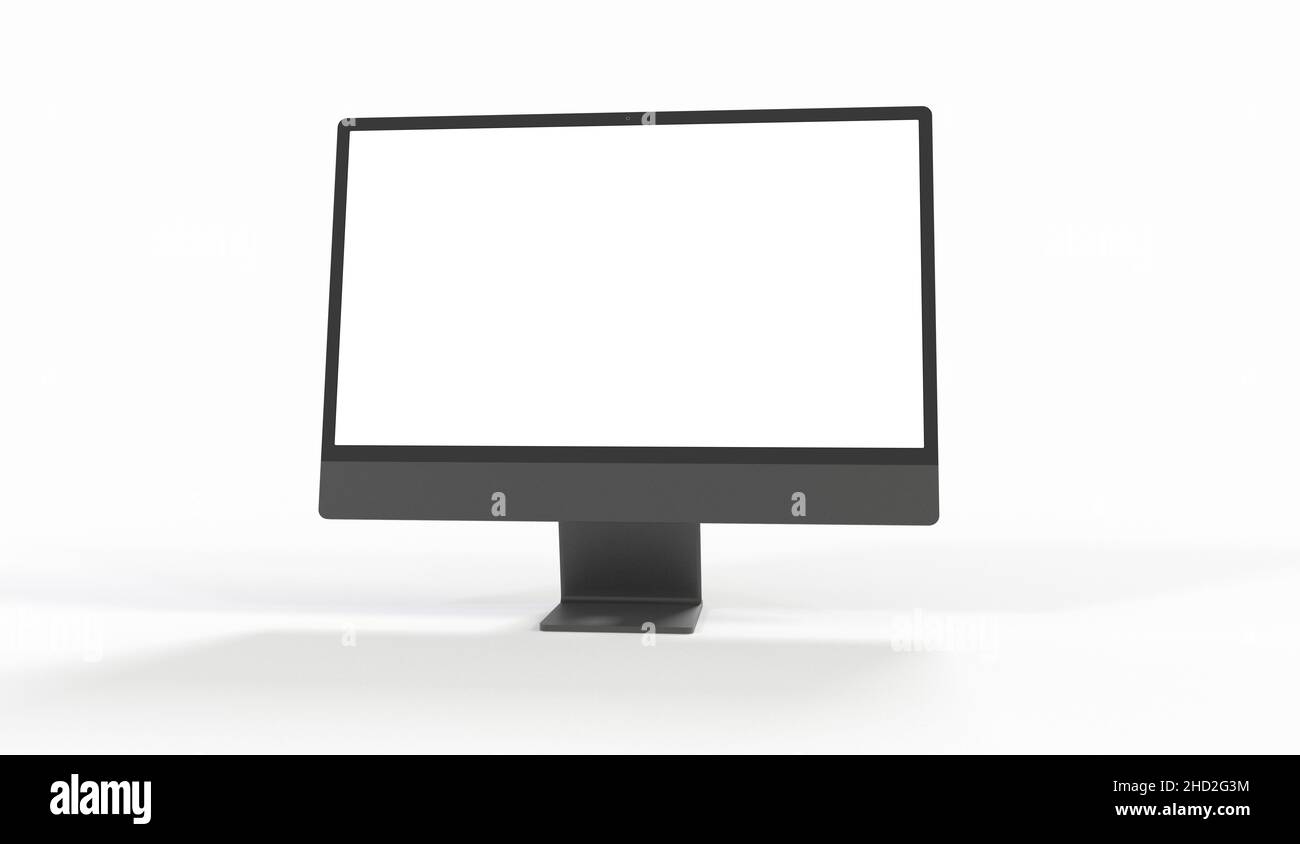 A 3d rendering of a computer display mock-up with a blank white screen ...