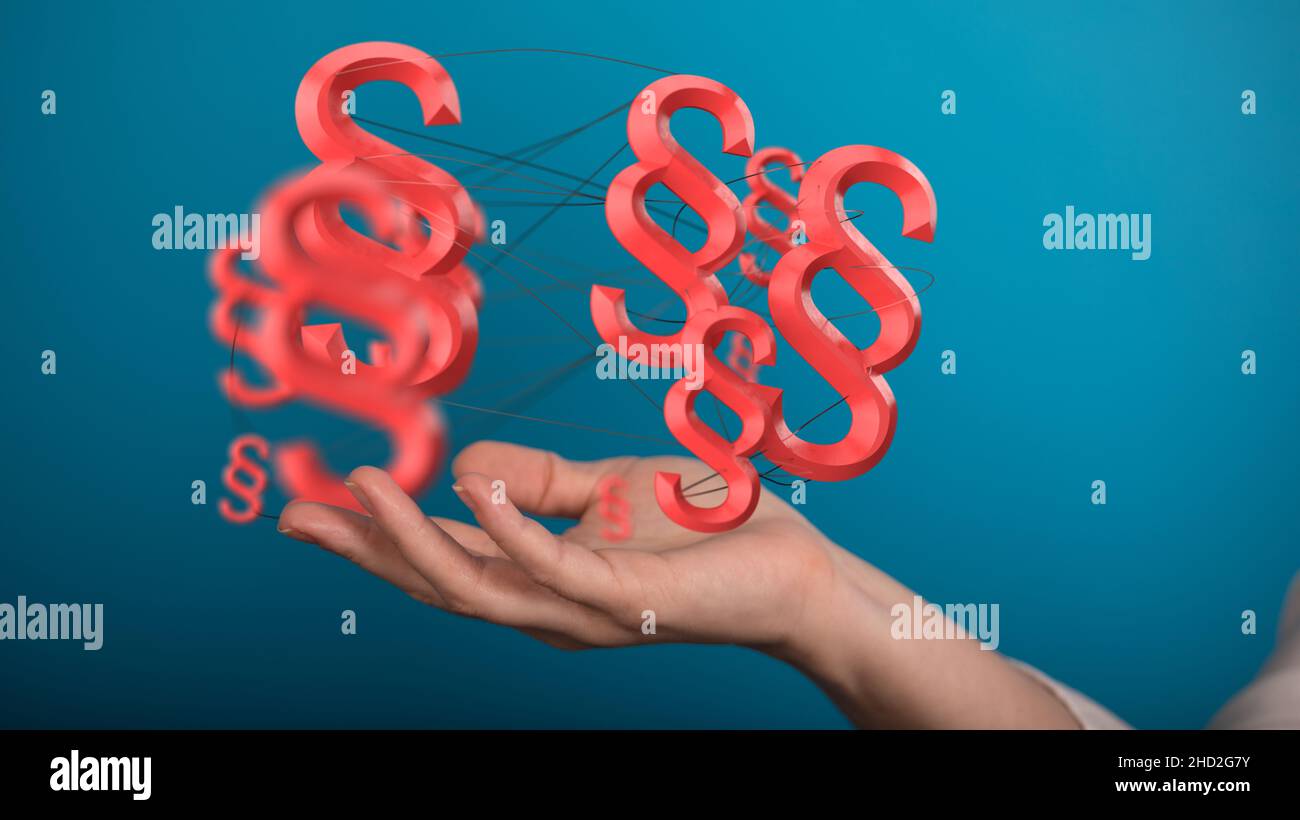 3D rendering law paragraph icons with a background of a person showing ...