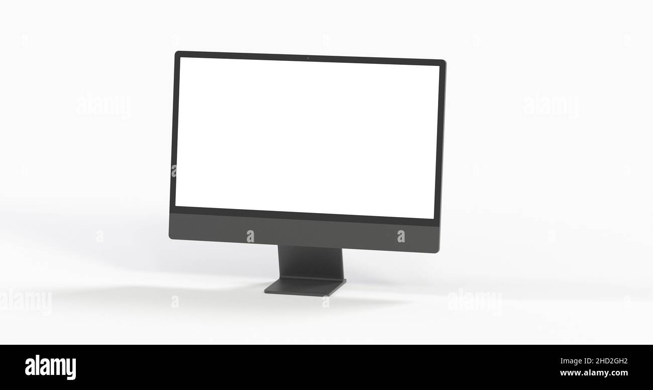 A 3d rendering of a computer display mock-up with a blank white screen ...