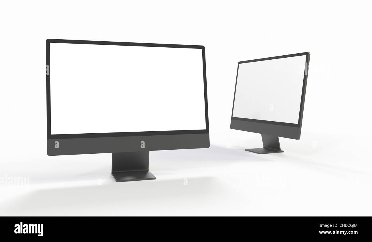 A 3d rendering of computer display mock-ups with a blank white screen ...