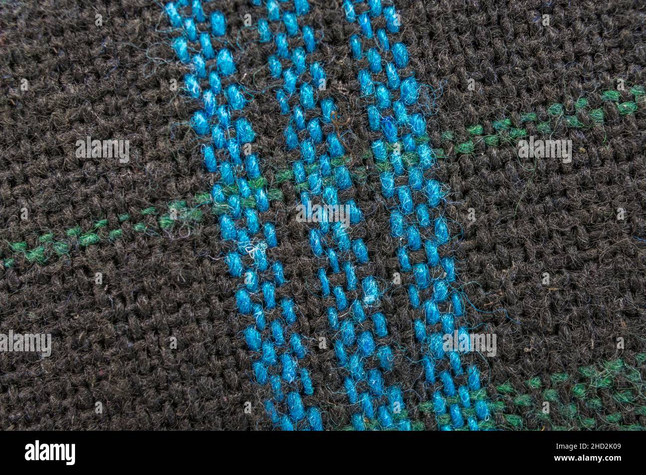 Macro close-up of blue check flannel fabric, showing warp and weft ...