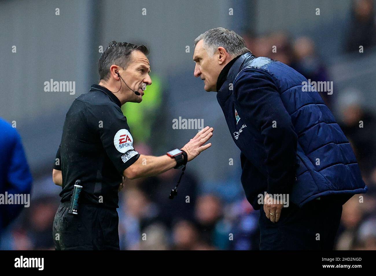 Referee Kevin Stroud has words with Tony Mowbray Blackburn Rovers ...