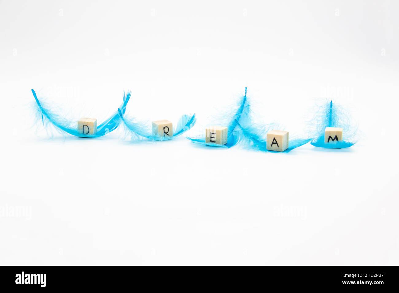 The word DREAM written on wooden cubes which lay on the blue feathers ...