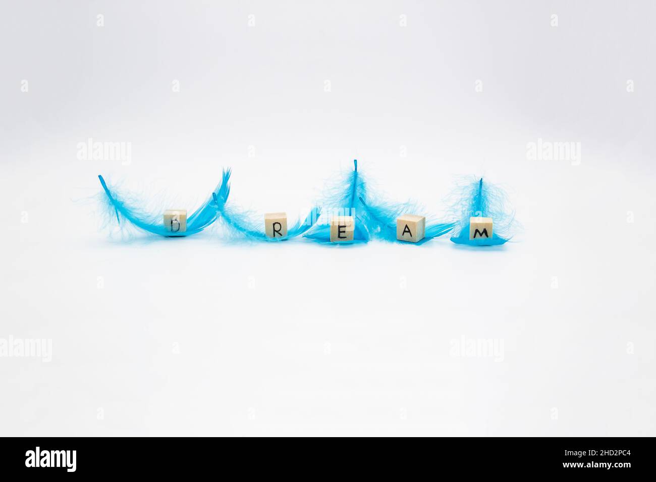 The word DREAM written on wooden cubes which lay on the blue feathers ...