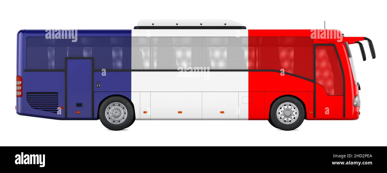 Bus travel in France, French bus tours, concept. 3D rendering isolated ...