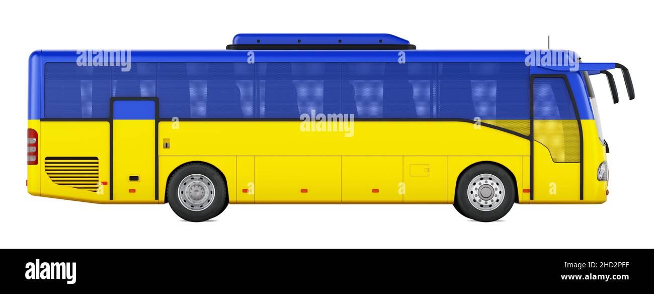 Bus travel in Ukraine, Ukrainian bus tours, concept. 3D rendering ...