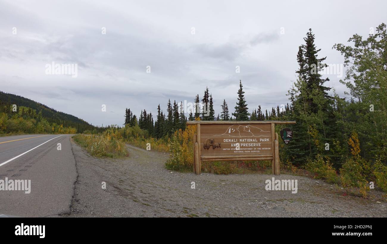 Entrance Denali National Park, sign, Alaska, USA Stock Photo - Alamy