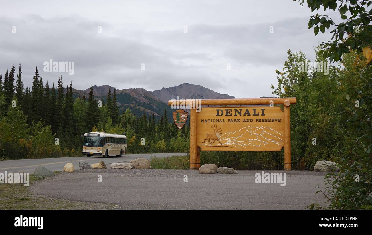 Entrance Denali National Park, sign, Alaska, USA Stock Photo - Alamy
