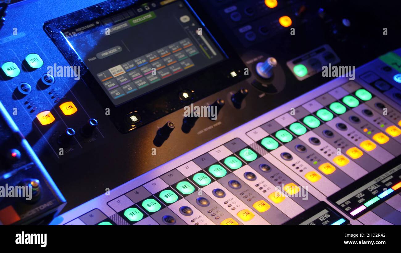 Close up of dj control panel playing party music on modern player in ...