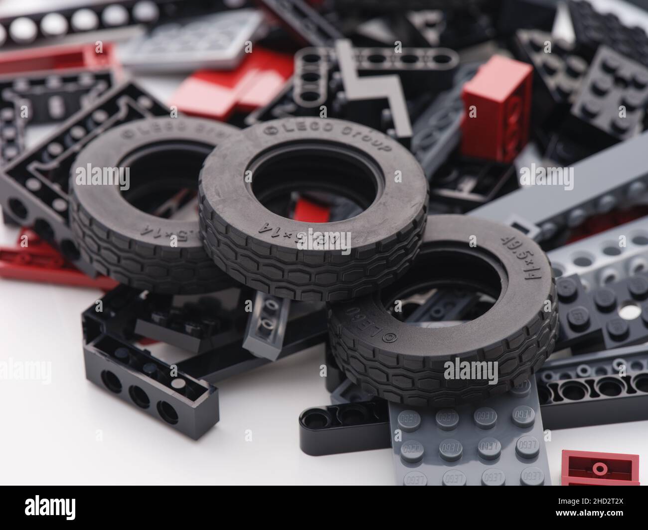 Tambov, Russian Federation - January 01, 2022 A pile of of lego pieces ...