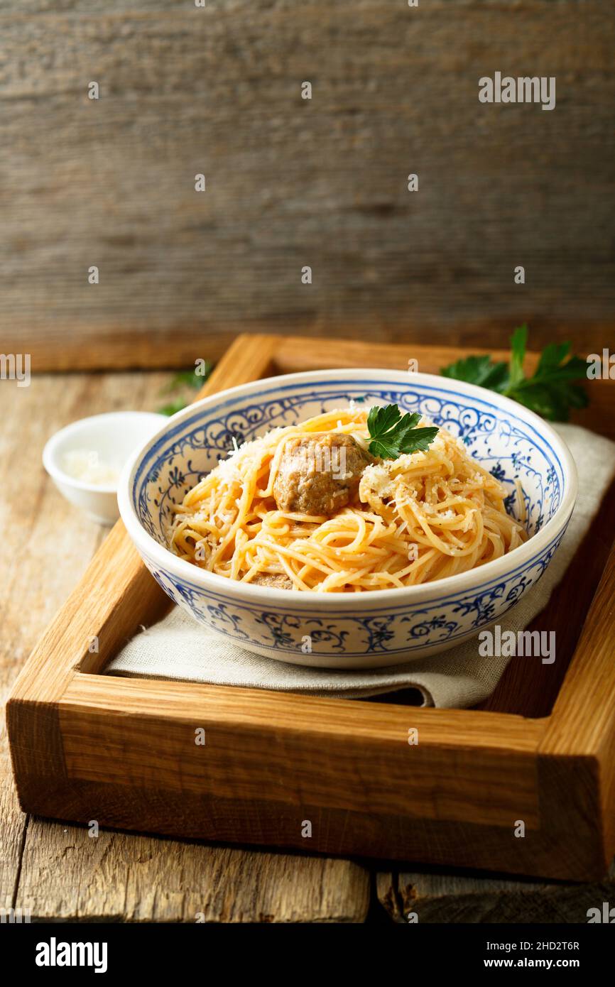 Spaghetti with meatballs and cheese Stock Photo - Alamy