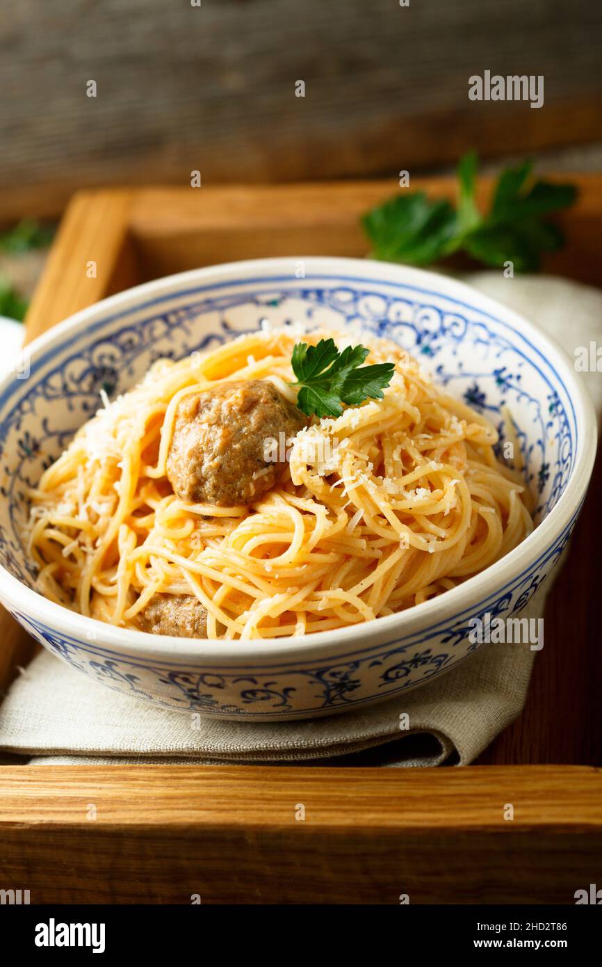 Spaghetti with meatballs and cheese Stock Photo - Alamy