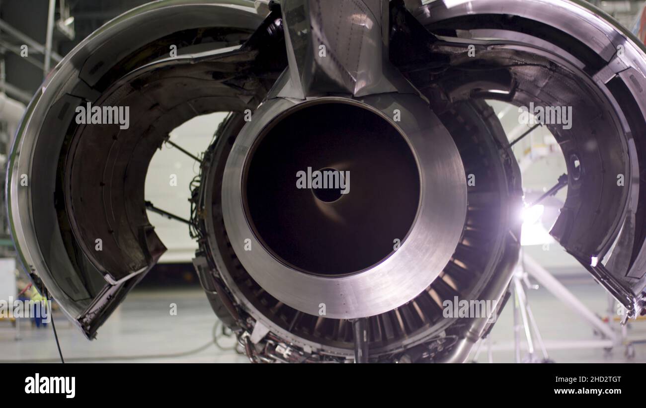 Engine of the airplane under heavy maintenance. Aircraft maintenance ...