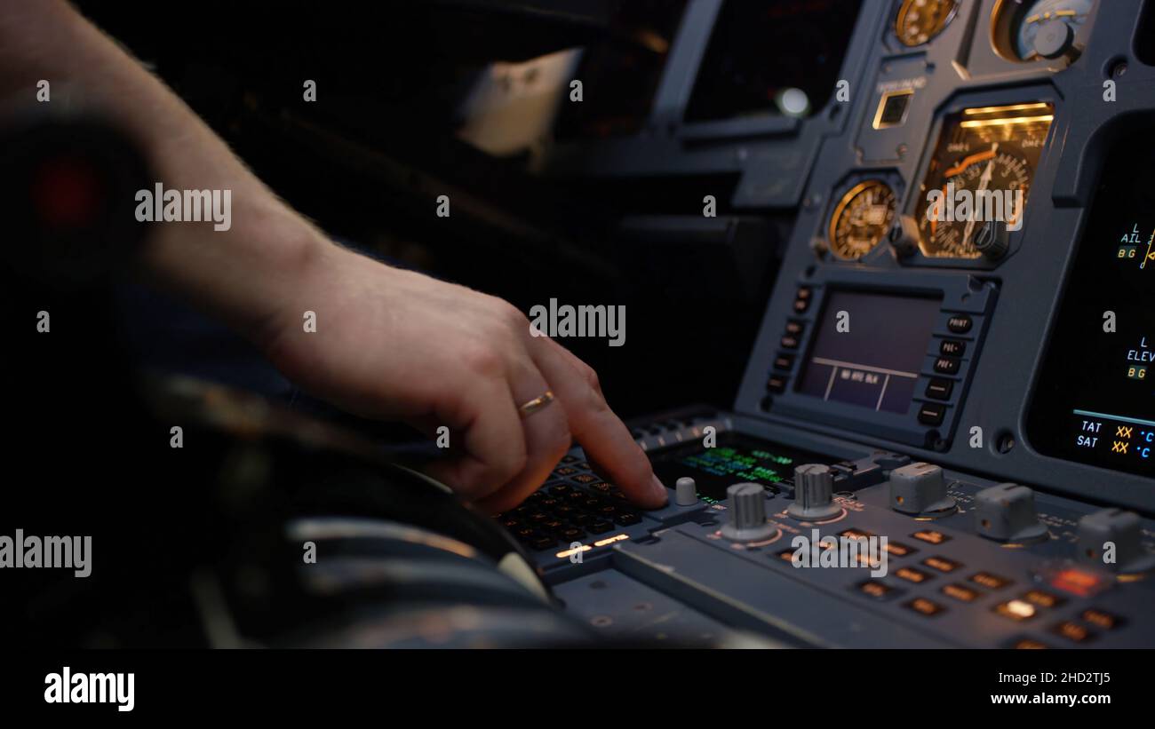 Panel of switches on an aircraft flight deck. Autopilot control element ...