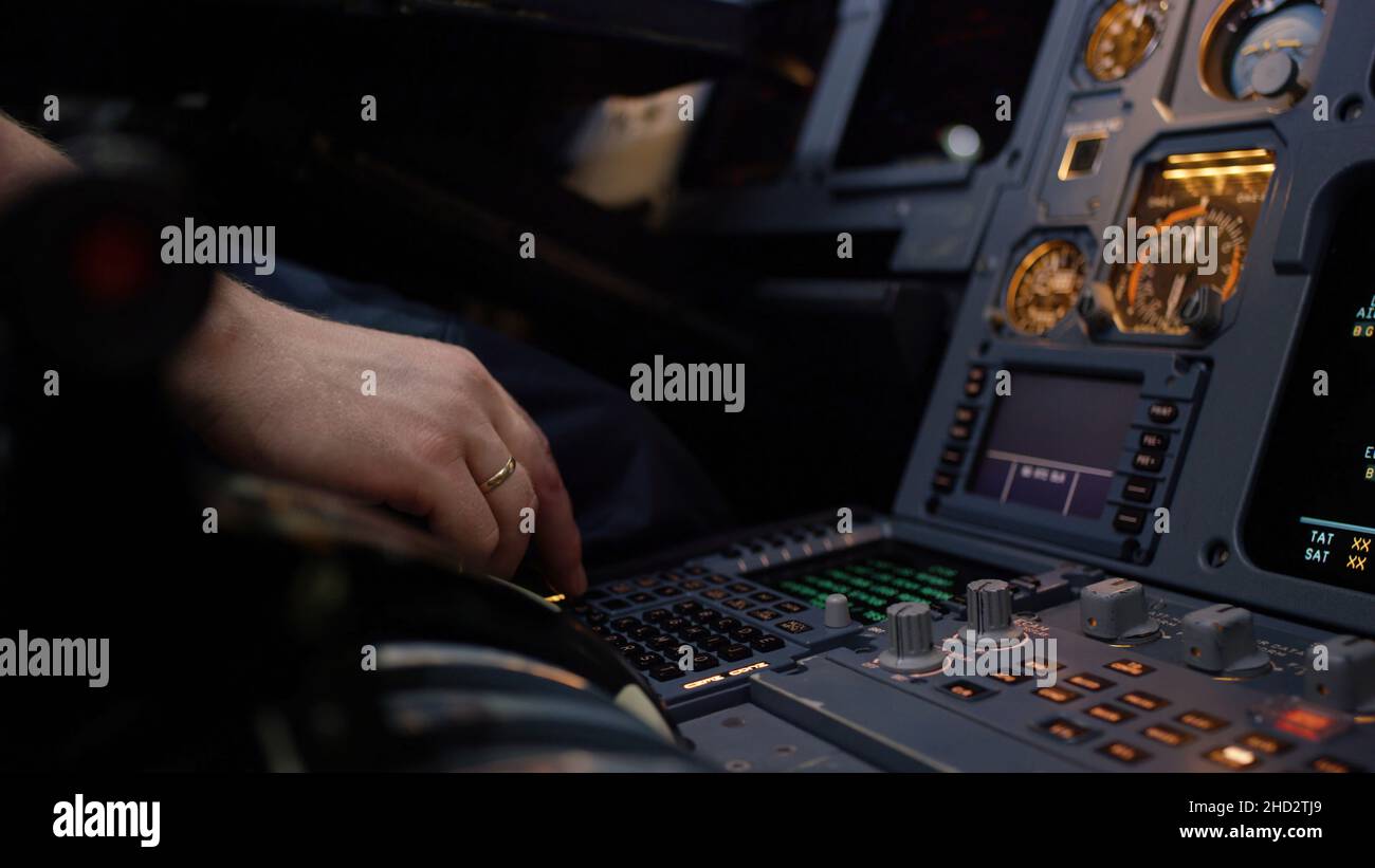 Panel of switches on an aircraft flight deck. Autopilot control element ...