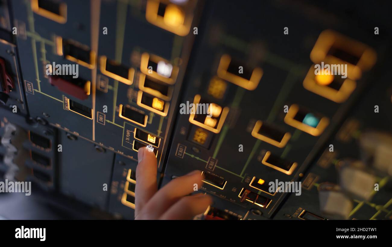 Autopilot control element of an airliner. Panel of switches on an ...