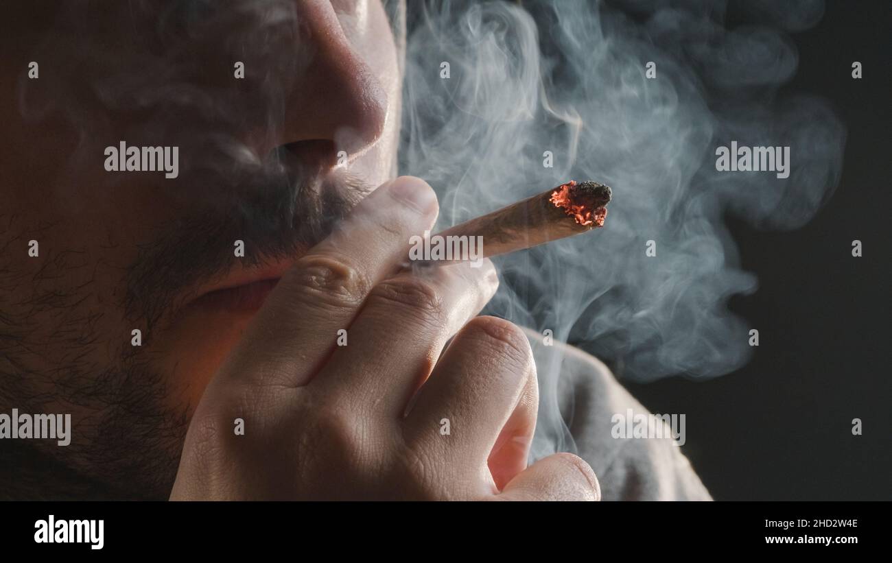 Man smoking a marijuana weed joint, inhaling cannabis smoke Stock Photo ...