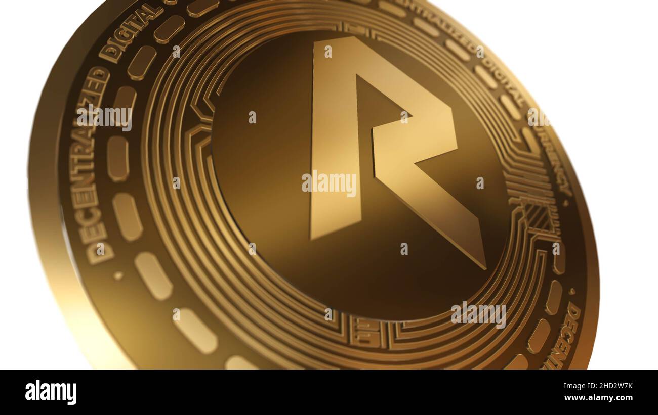 Golden Cryptocurrency of Revain REV Sign Isolated on a White Background ...
