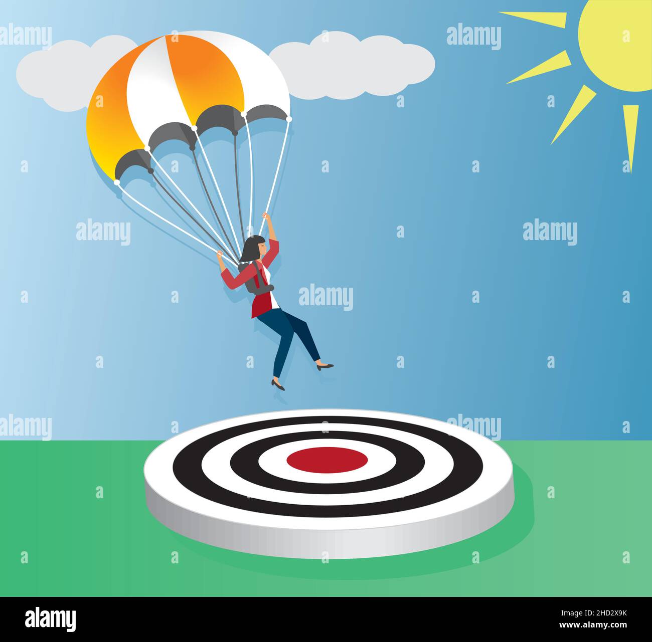 Jump to reach success. Brave woman jumping to big target, goal. Vector ...