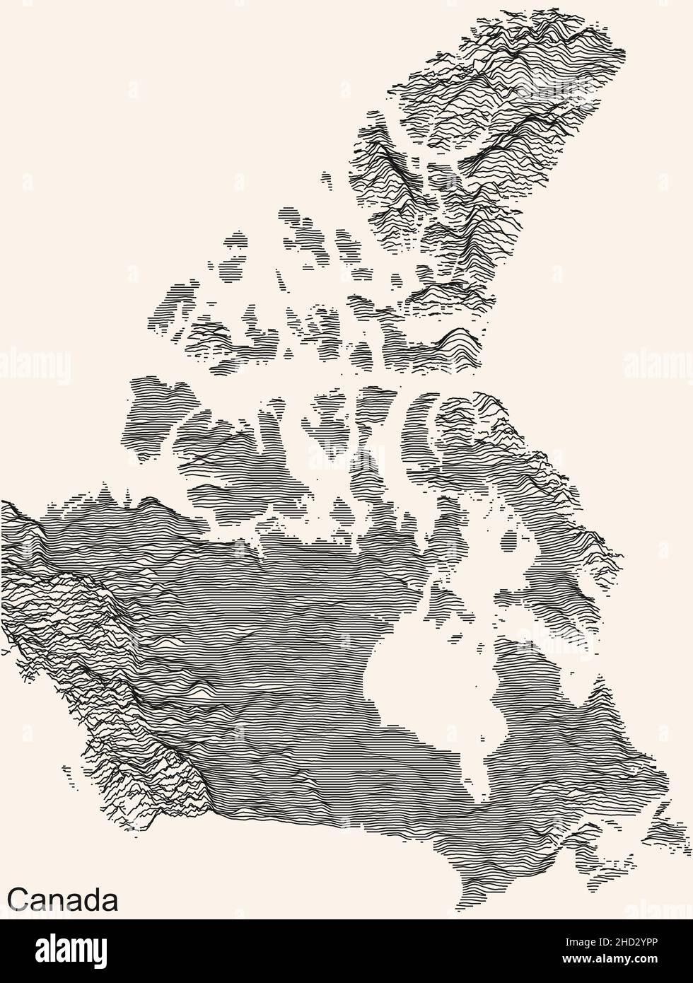 Topographic relief map of CANADA with black contour lines on beige ...