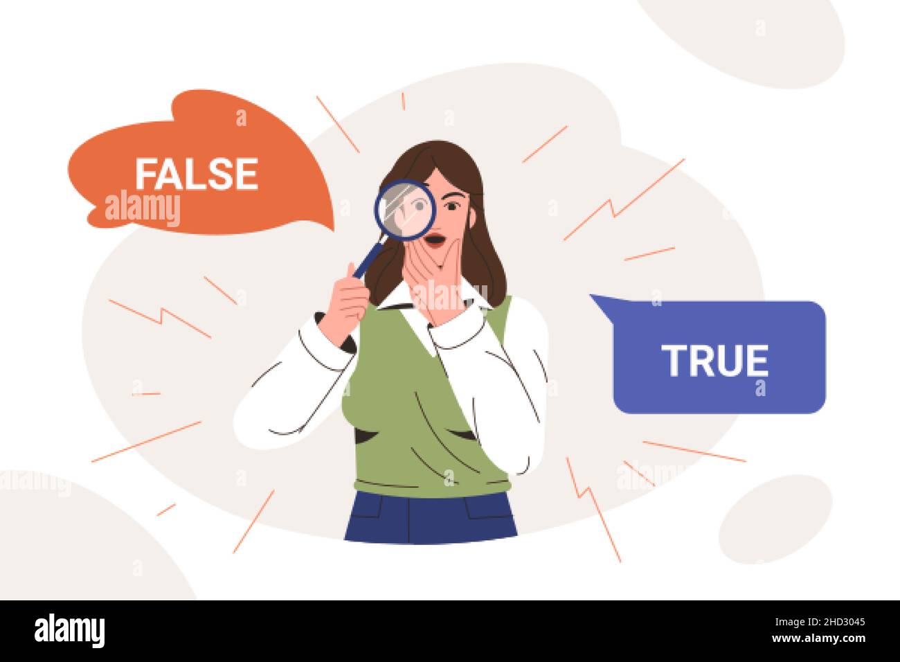 Woman choose option between false and true in speech bubbles flat ...