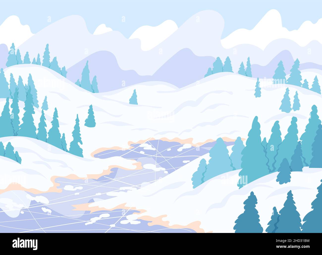 Winter mountain landscape stream Stock Vector Images - Alamy