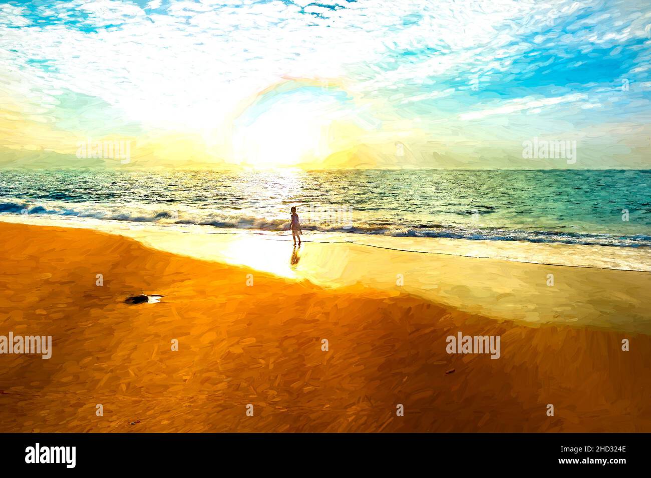 An Ocean Sunset With a Girl on the Beach at A Rainbow and Sun rays Over ...