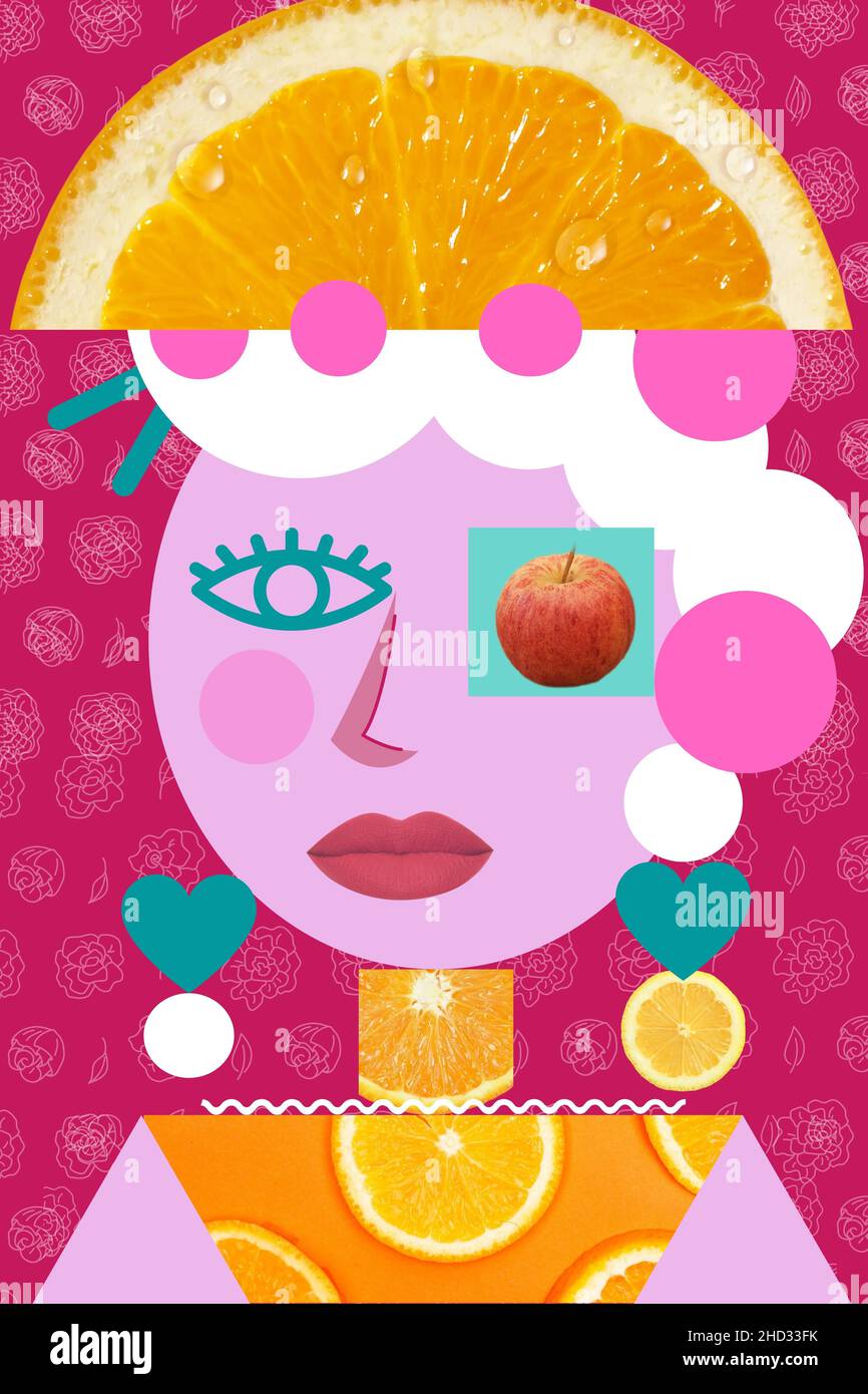 Artistic creative collage illustrations with a female face portrait ...
