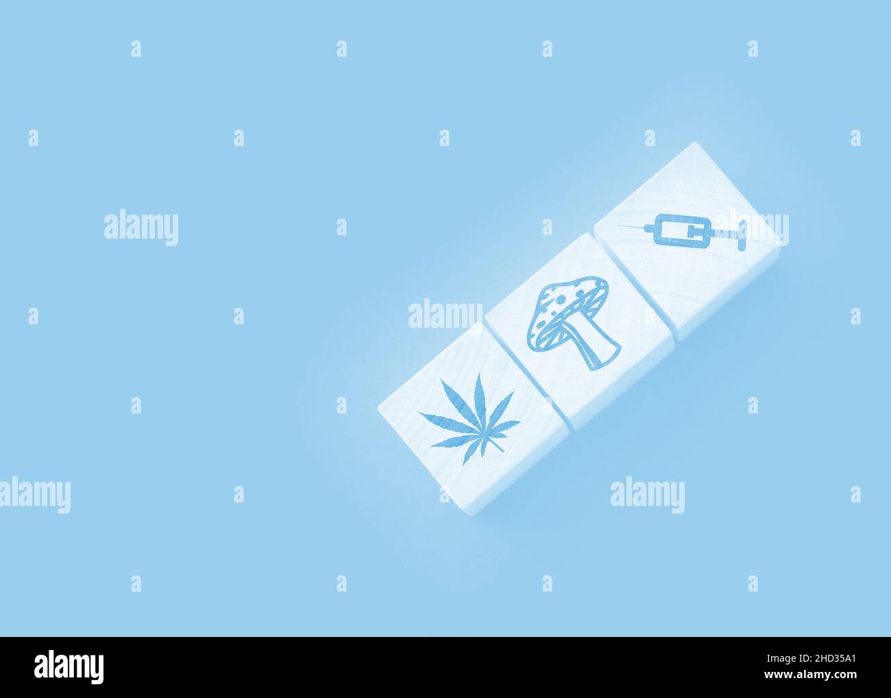 Drugs icons on natural wooden cubes. Cannabis leaf, mushroom and ...