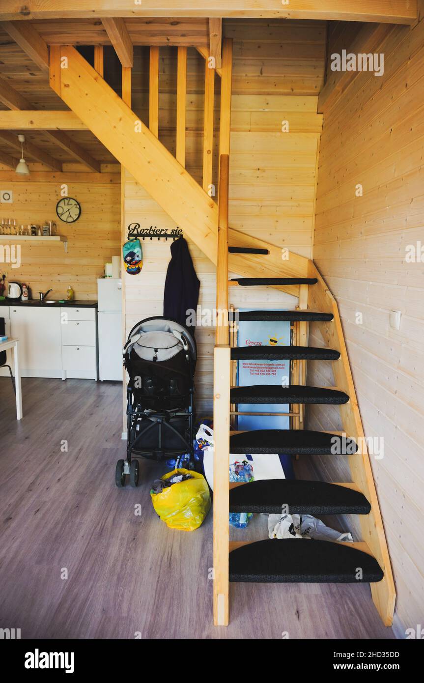 Wooden stairs leading up in a vacation hut Stock Photo - Alamy