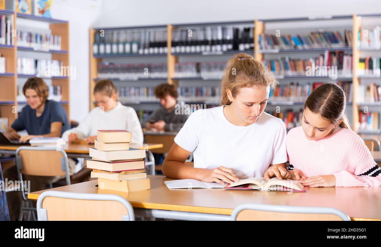 Two female friends reading books together and preparing for exams in ...