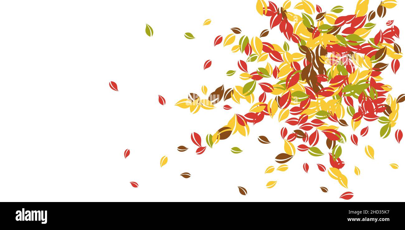 Falling autumn leaves. Red, yellow, green, brown chaotic leaves flying ...