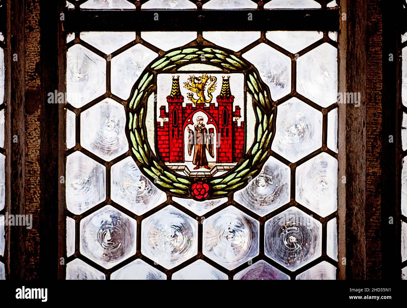 Closeup of a leaded glass panel with Munich emblem on a City Hall ...