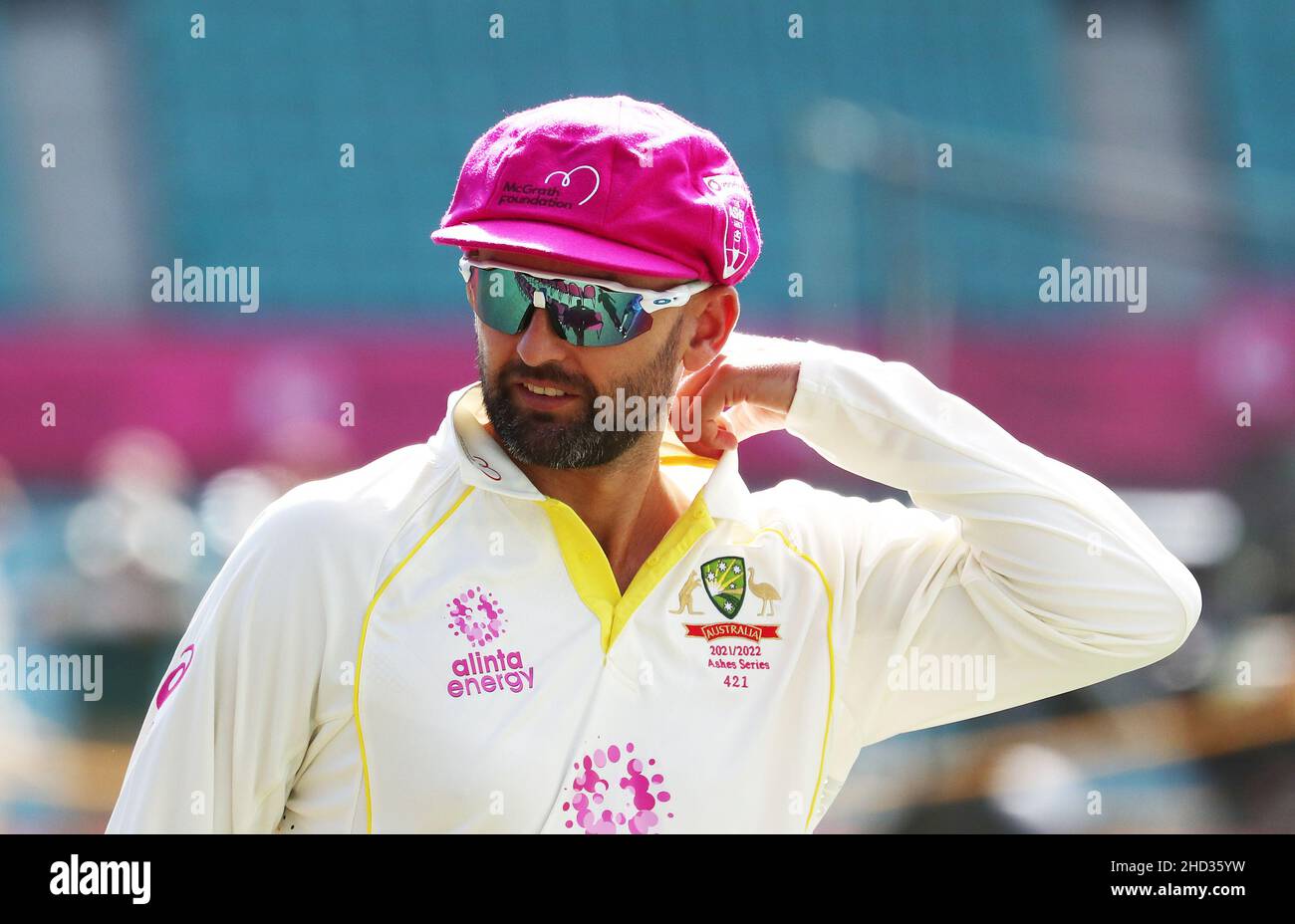 Australia's Nathan Lyon during a team photo ahead of The Pink Test at ...