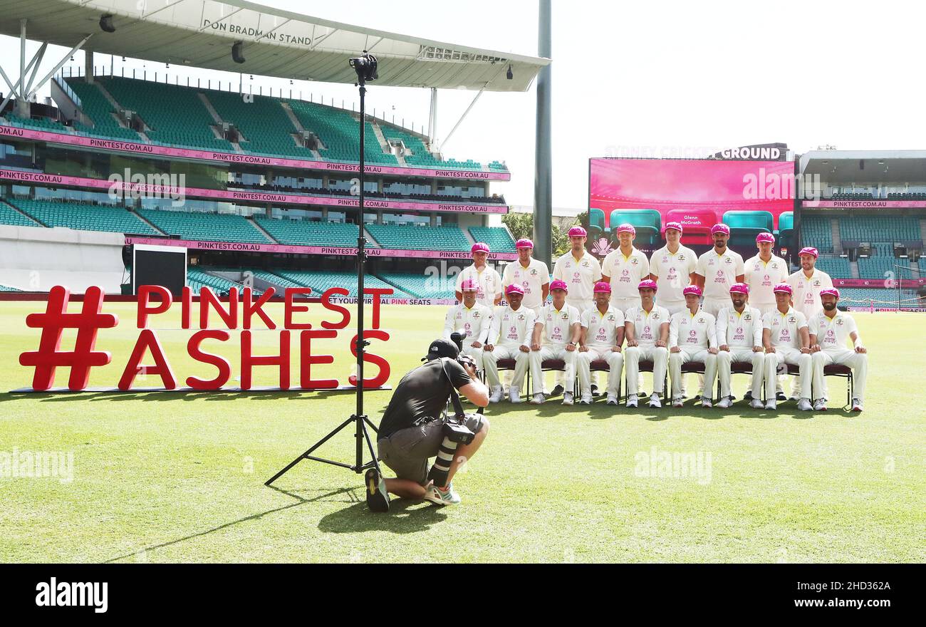 Australia's players have a team photo ahead of The Pink Test during a ...