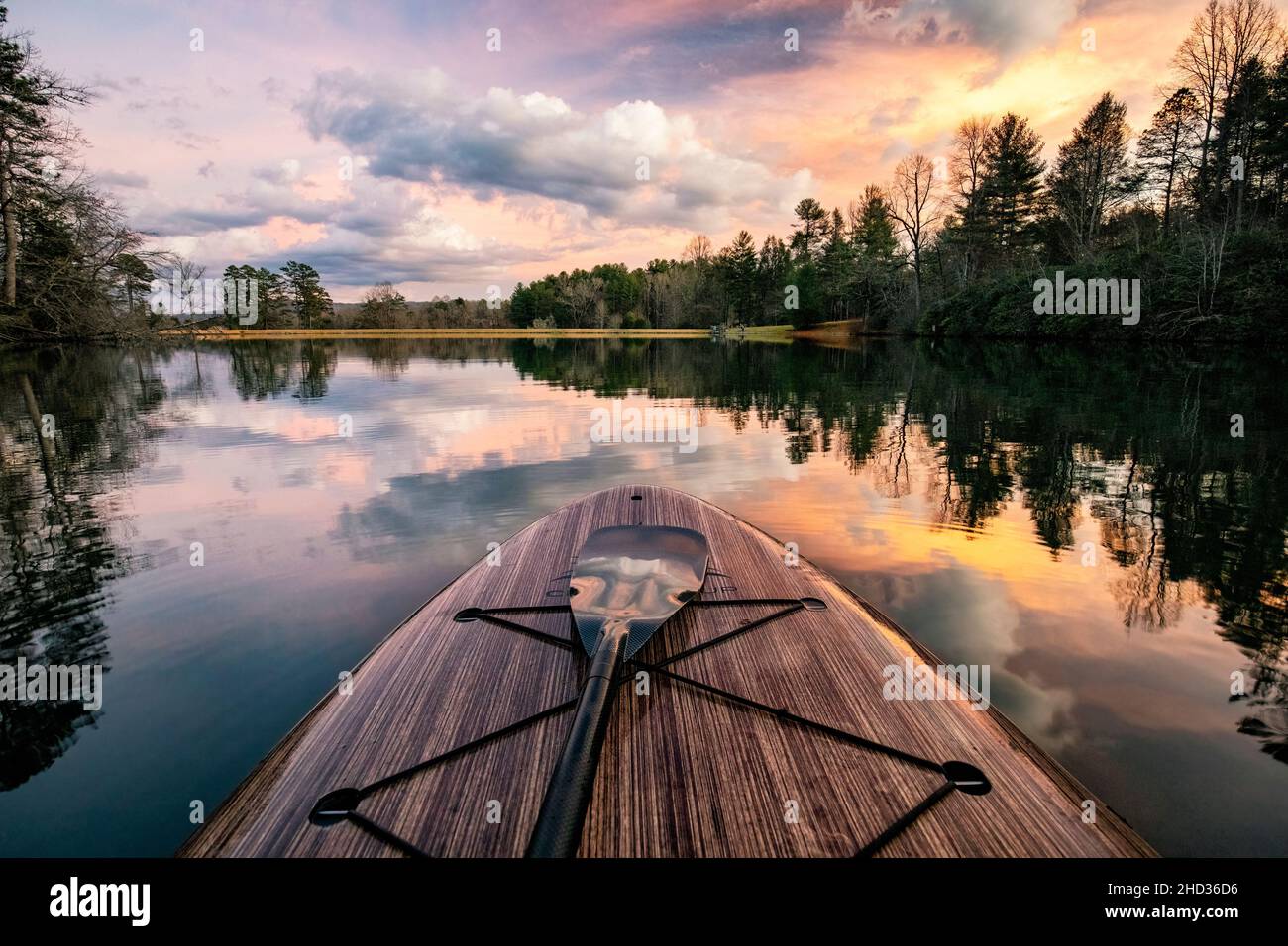 View of Straus Lake at sunset from a paddle board - Brevard, North ...