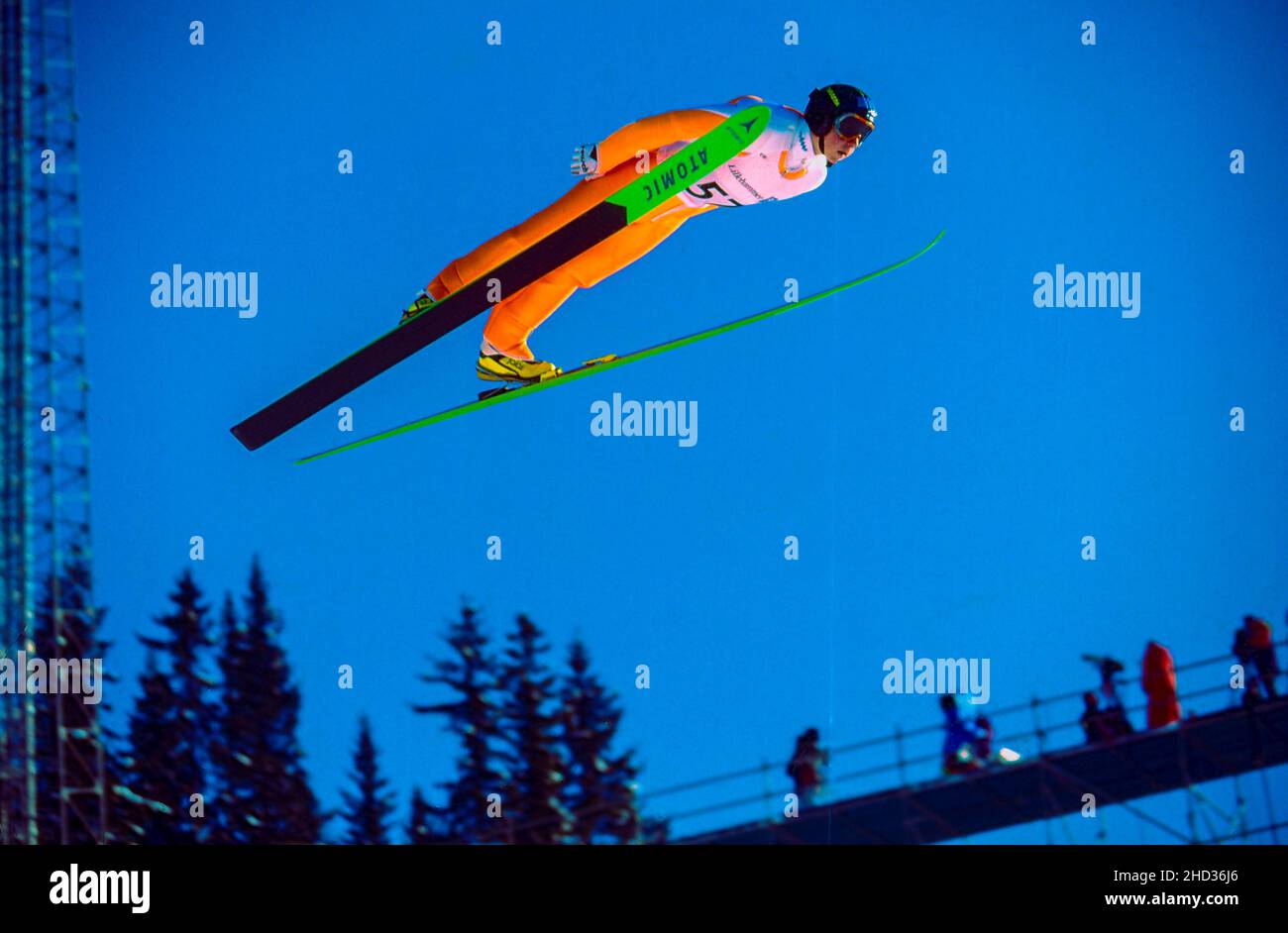 Janne Ahonen (FIN) competing in the Men's K120 individual ski jumping at the 1994 Olympic Winter ...